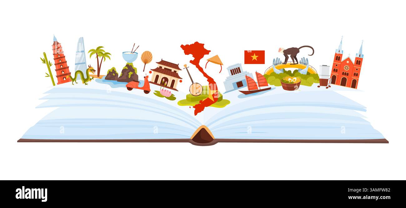 Vietnam culture elements and landmarks, food and Vietnamese language ...