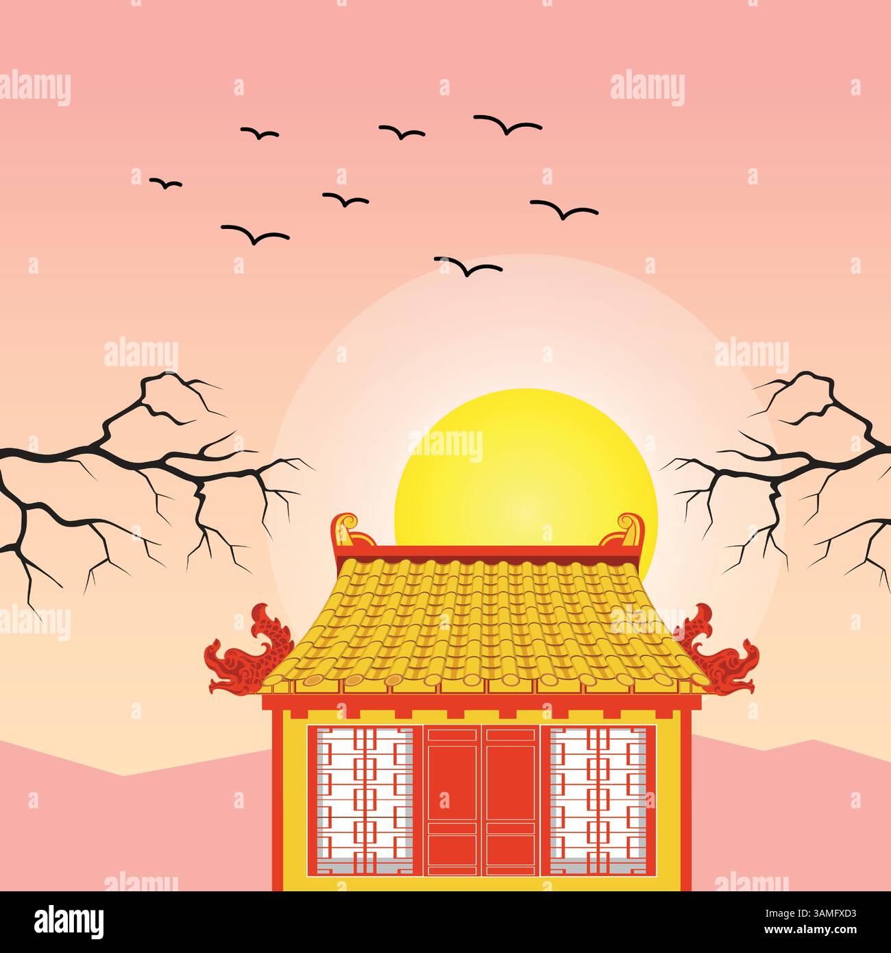 Chinese New Year environment, traditional Chinese house, and moon on ...