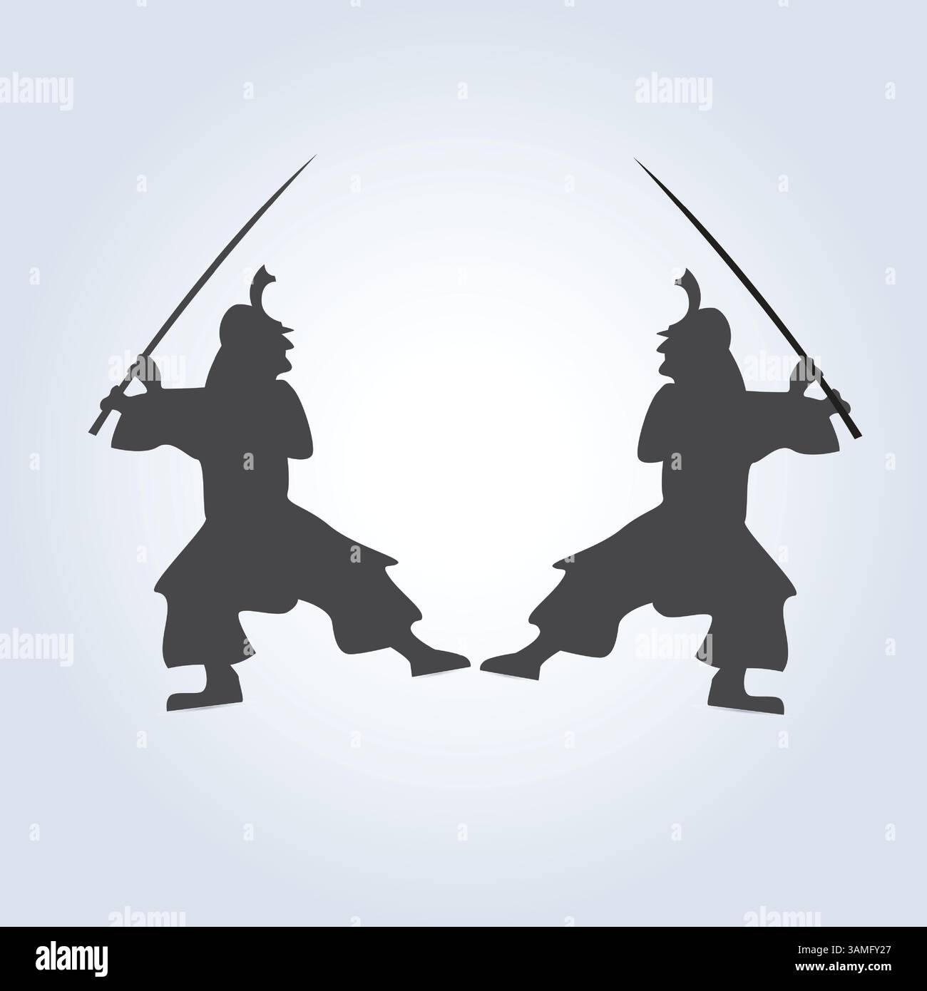 Silhouettes of samurai with weapons in attack, a samurai warrior with a ...