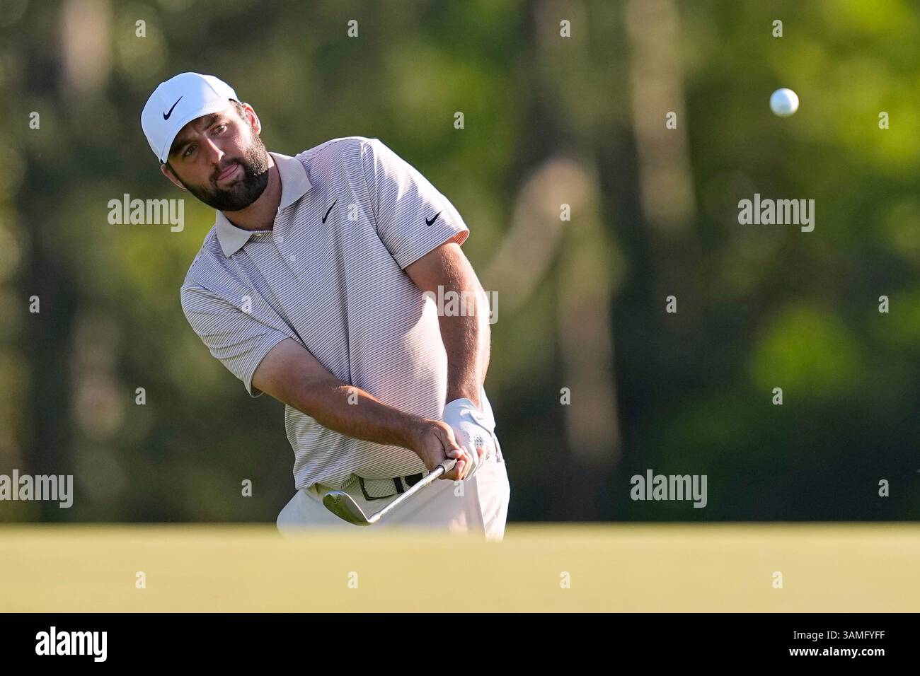 Scottie Scheffler chips to the green on the 18th hole during the final ...