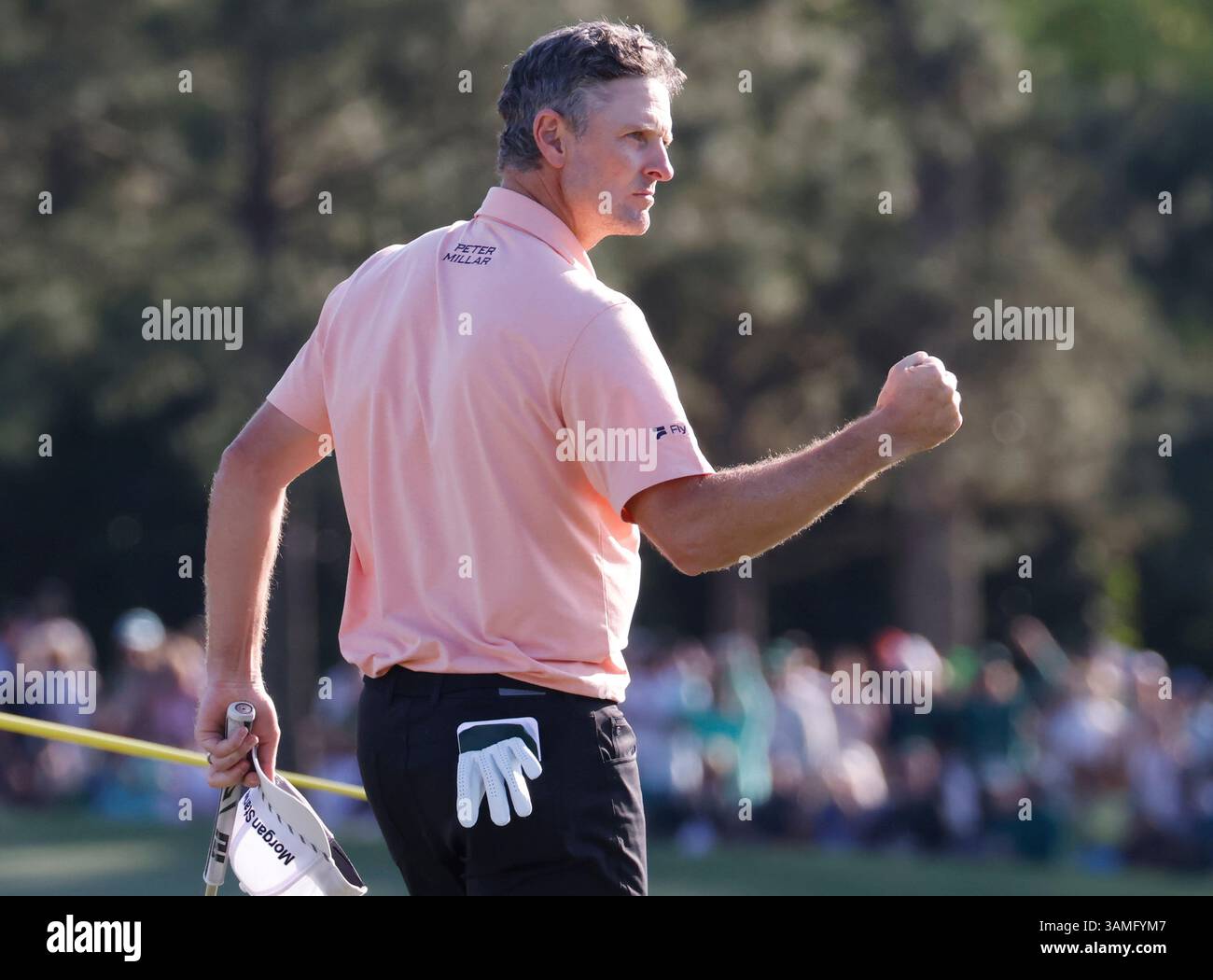 Augusta, United States. 13th Apr, 2025. Justin Rose of England reacts ...