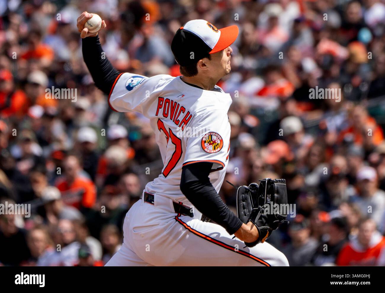 Baltimore, USA. 13th Apr, 2025. BALTIMORE, MD - APRIL 13: Baltimore Orioles pitcher Cade Povich ...