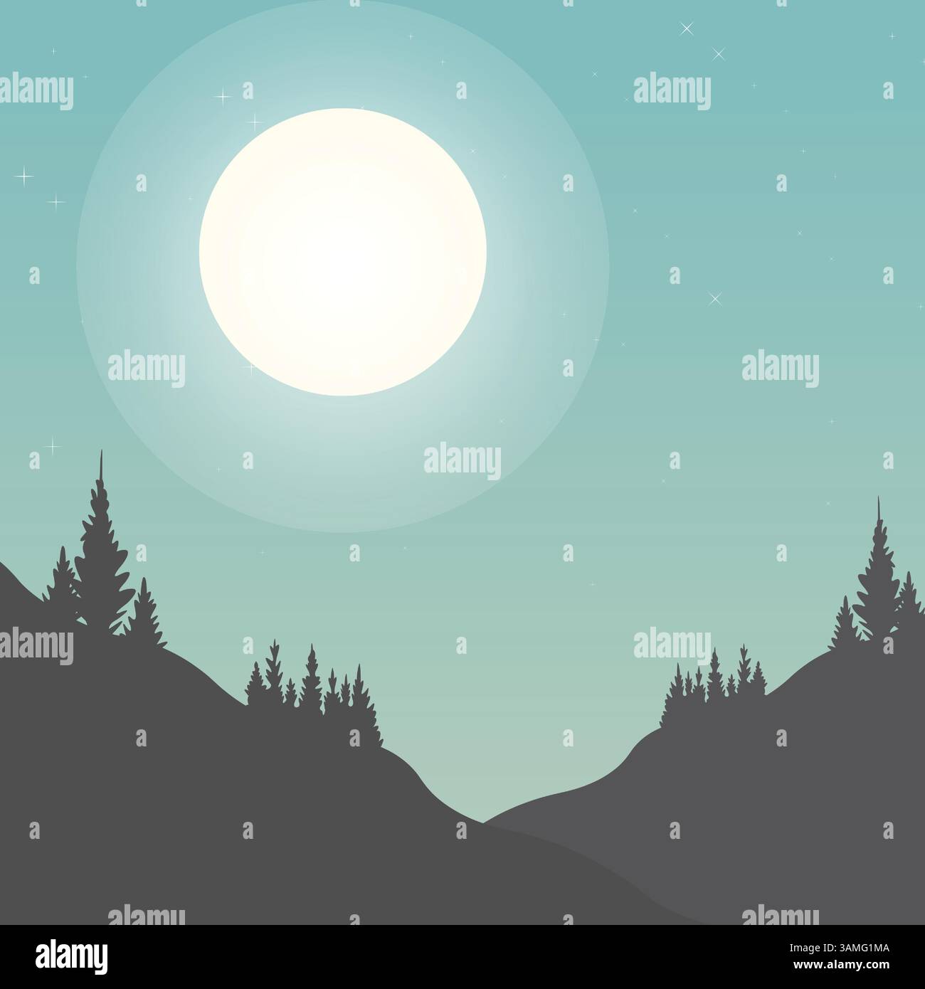 Minimalist mountain wallpaper, dark green, moon night, pine forest wallpaper, minimal abstract ...