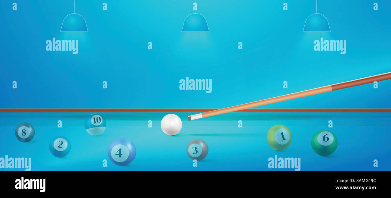 Billiard balls on the blue table with a cue and ball. American ...