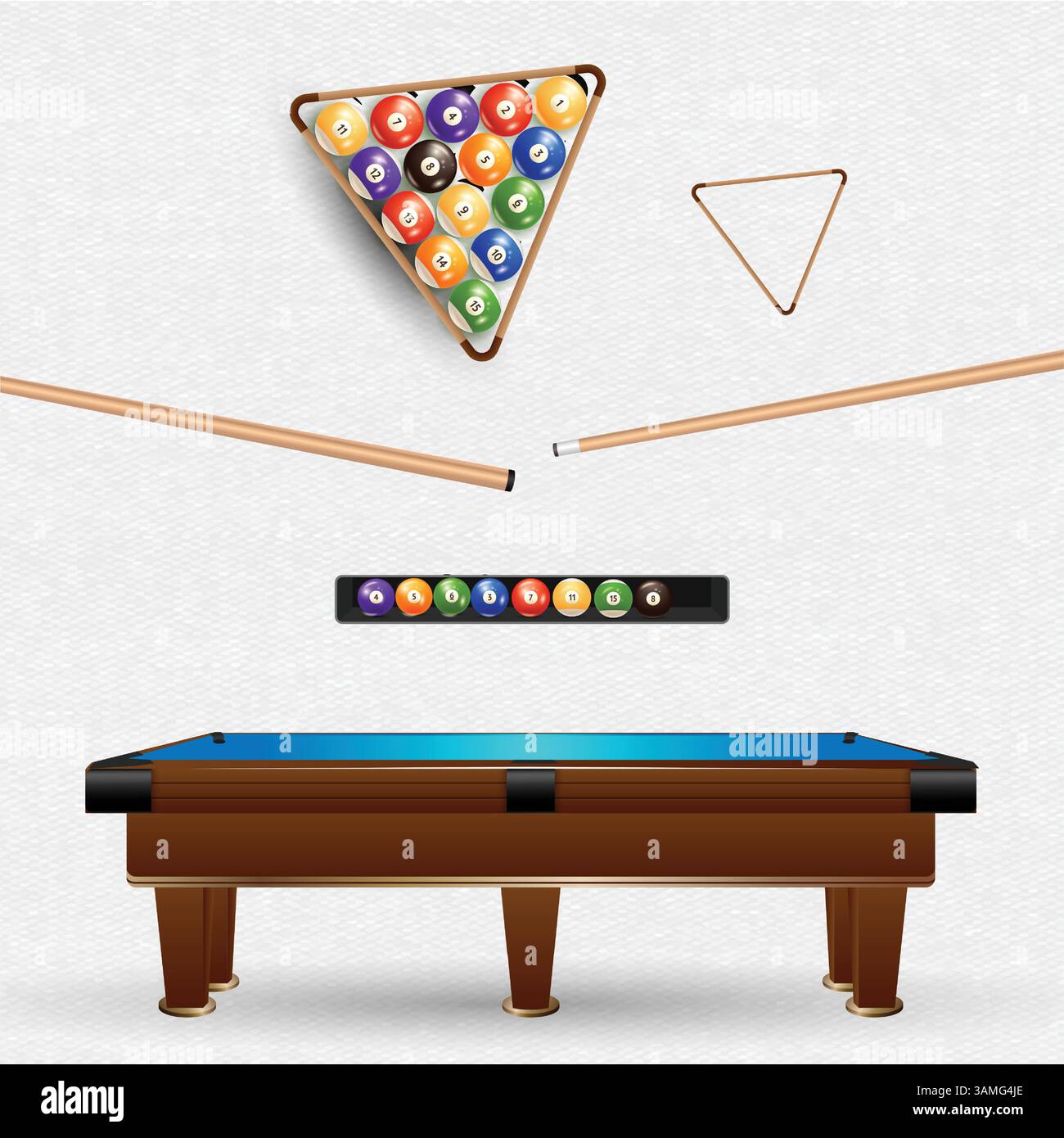Billiard game, a blue table and a ball, and a cue, white ball, American ...