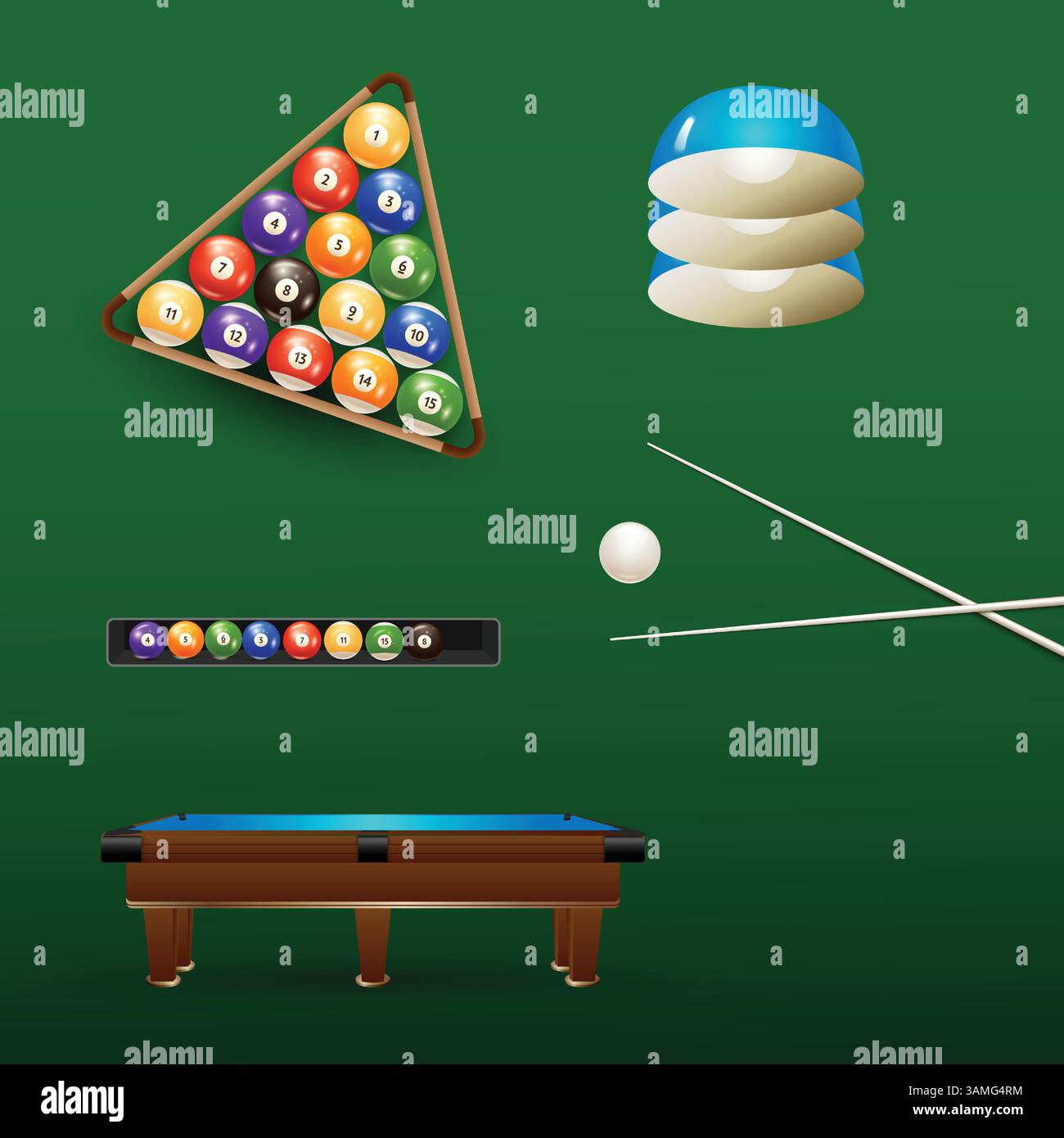 Billiard game, a blue table, a ball, and a cue, white ball, American ...