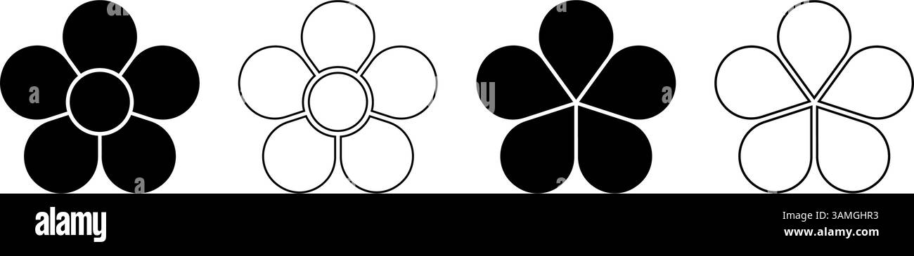 Flower silhouettes with 5 petals and core. Floral pie charts divided ...