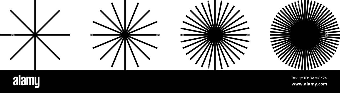 Straight radial lines in circular shape. Set of sun rays icons. Sunbeam ...