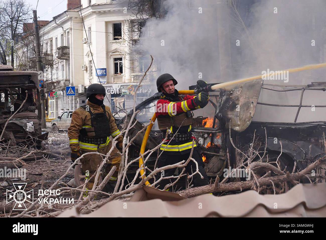 Sumy, Ukraine. 14th Apr, 2025. Ukrainian rescuers working at the site ...
