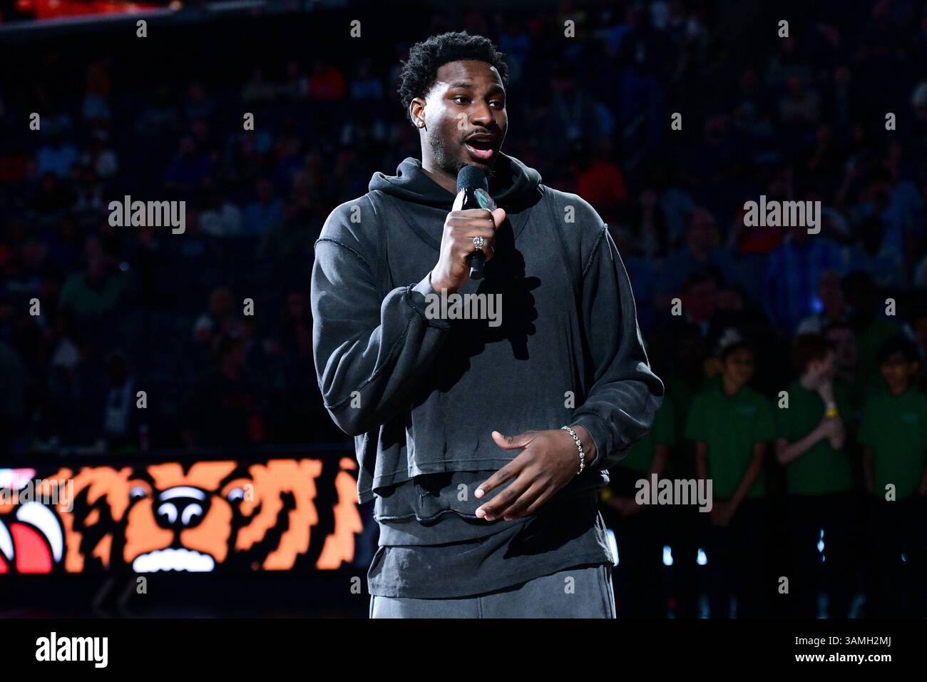 Memphis Grizzlies forward Jaren Jackson Jr. (13) speaks to the crowd ...