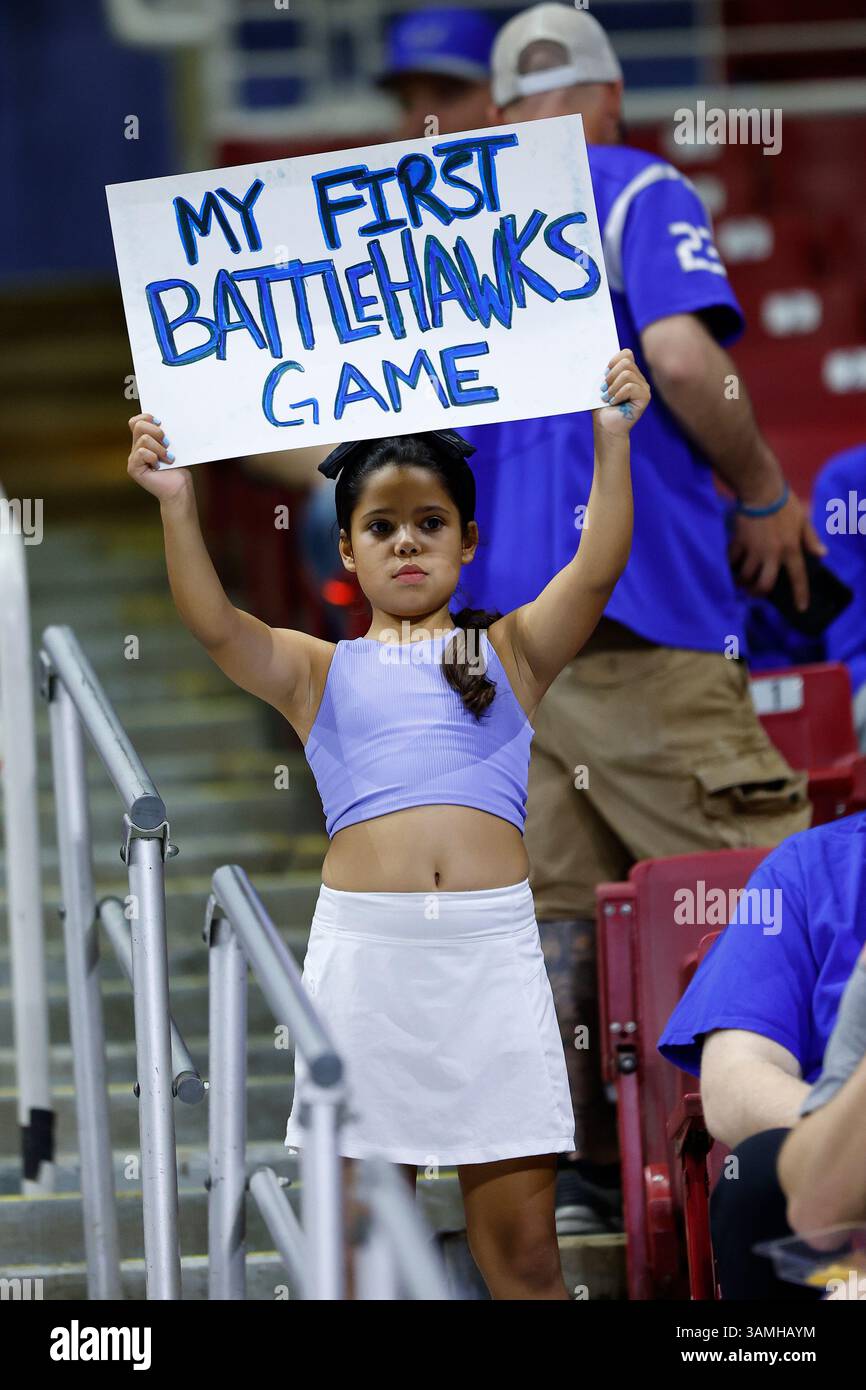 ST. LOUIS, MO - APRIL 13: A young St. Louis Battlehawks fan lets every ...