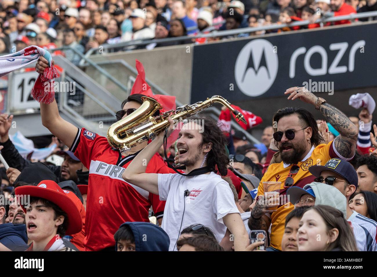 Chicago, USA, April 13, 2025: Supporters of Chicago Fire FC are seen ...