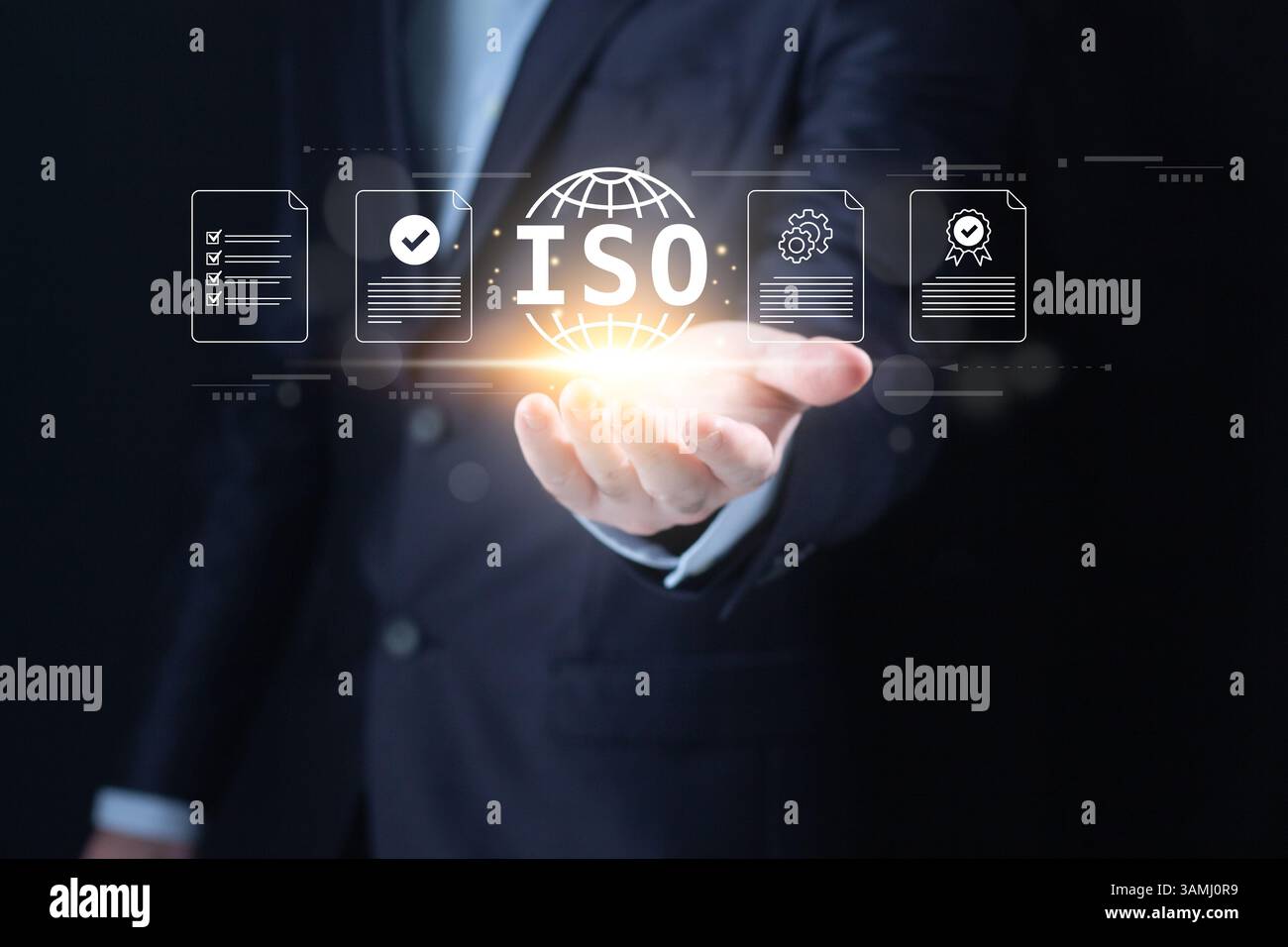 ISO Standard certification. ISO standards quality control. Businessman hold virtual globe with ...