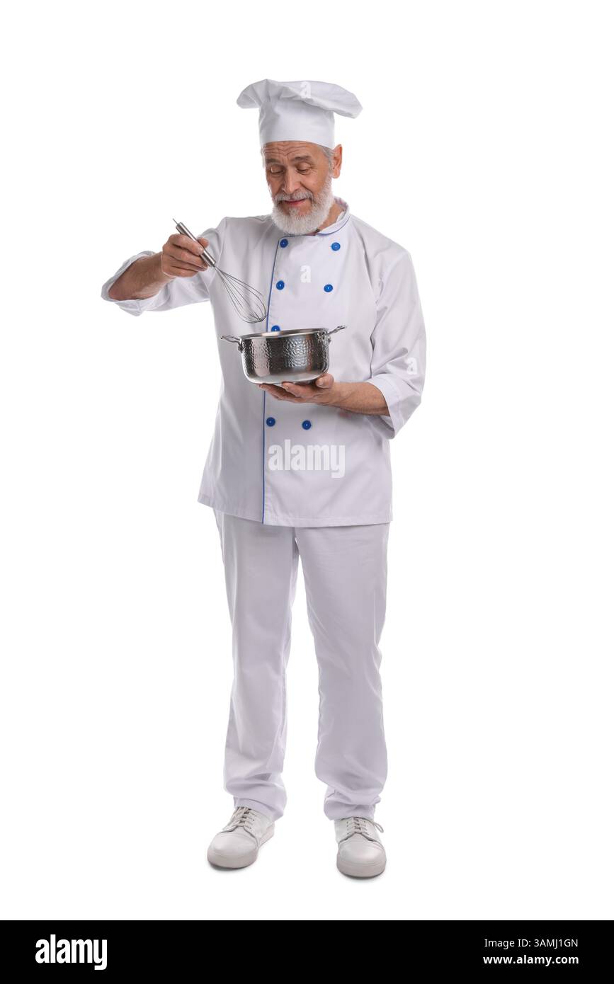 Professional pastry chef with whisk and cooking pot on white background ...