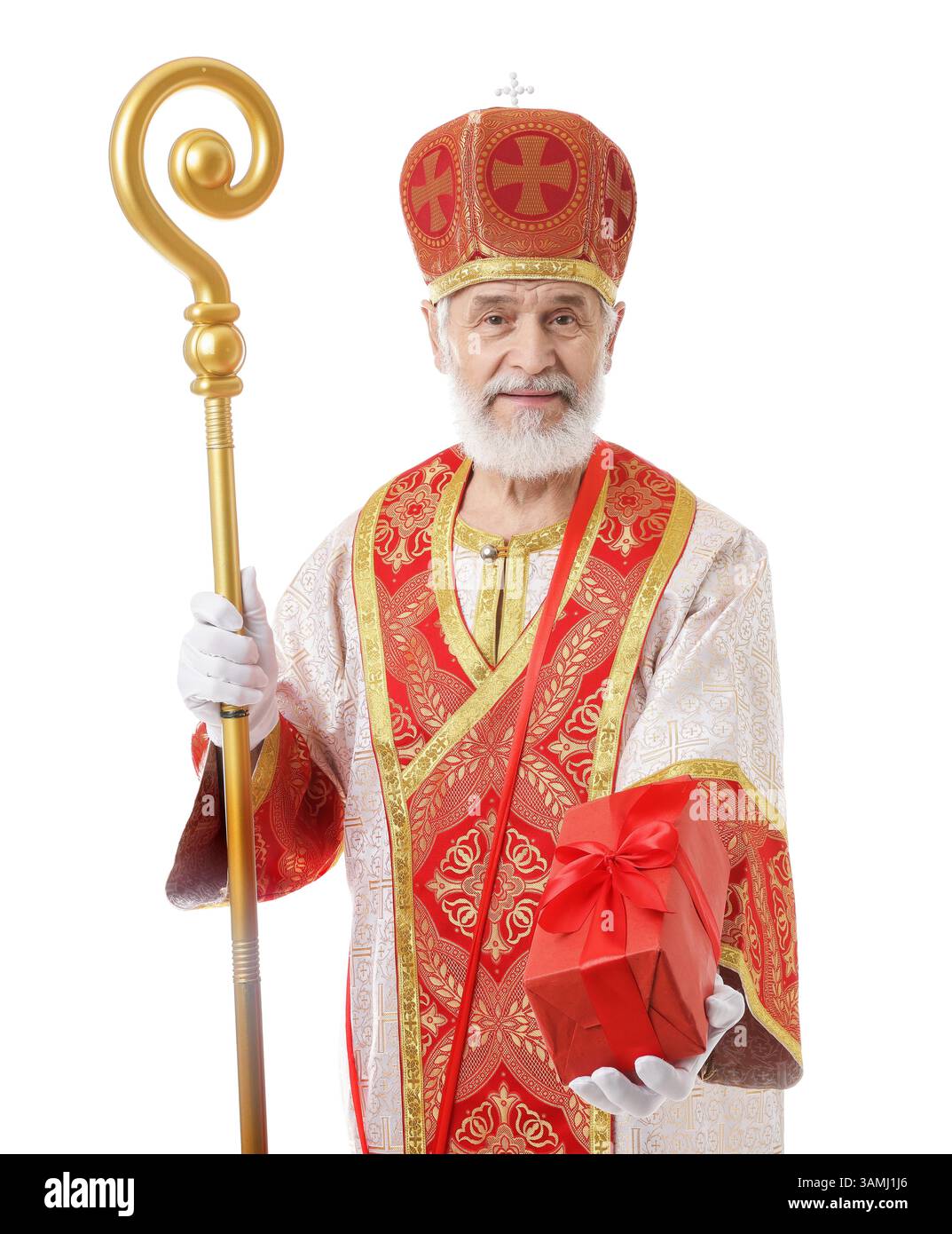 Saint Nicholas giving gift on white background Stock Photo - Alamy