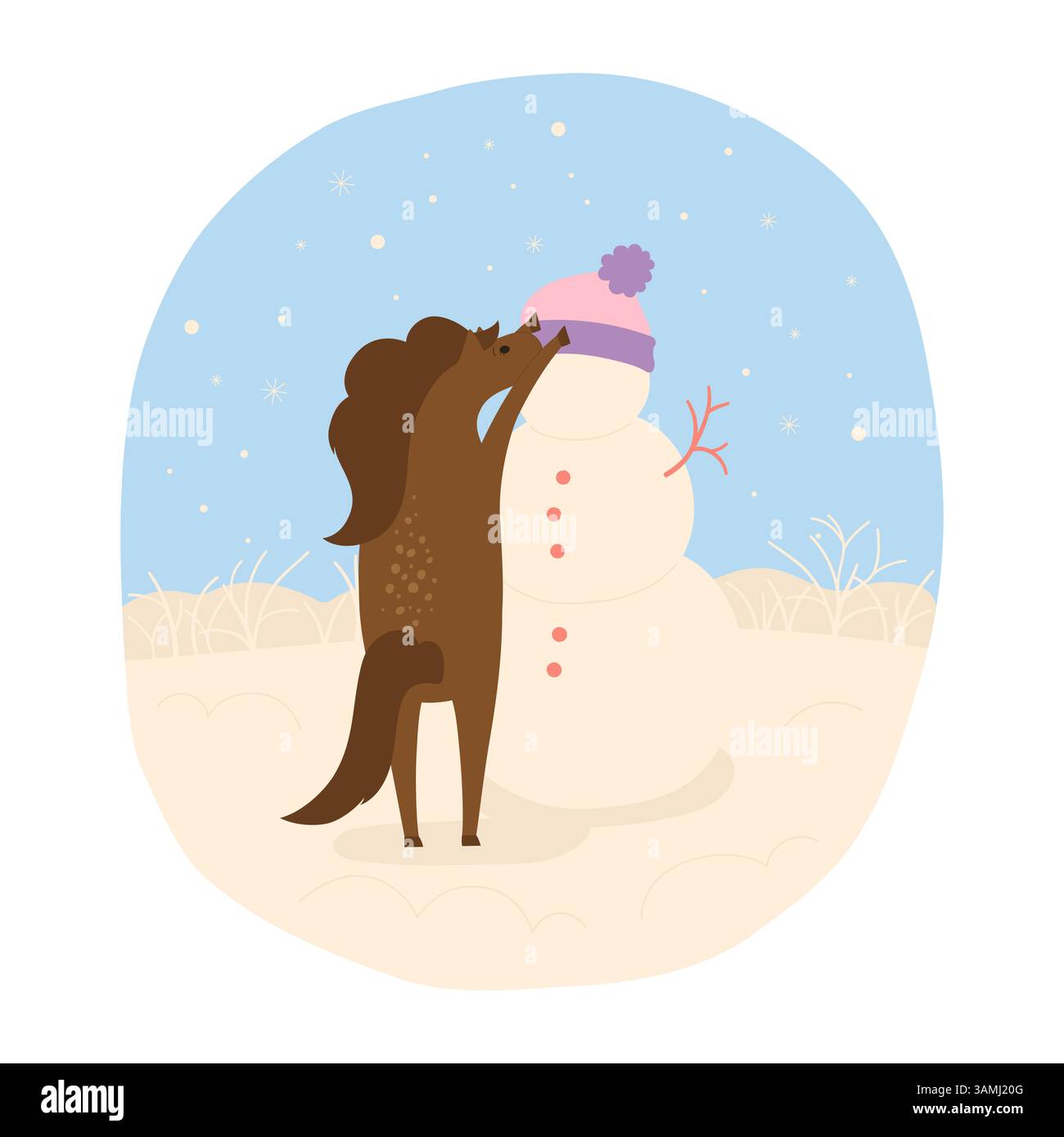 Horse with snowman winter landscape cartoon vector illustration ...