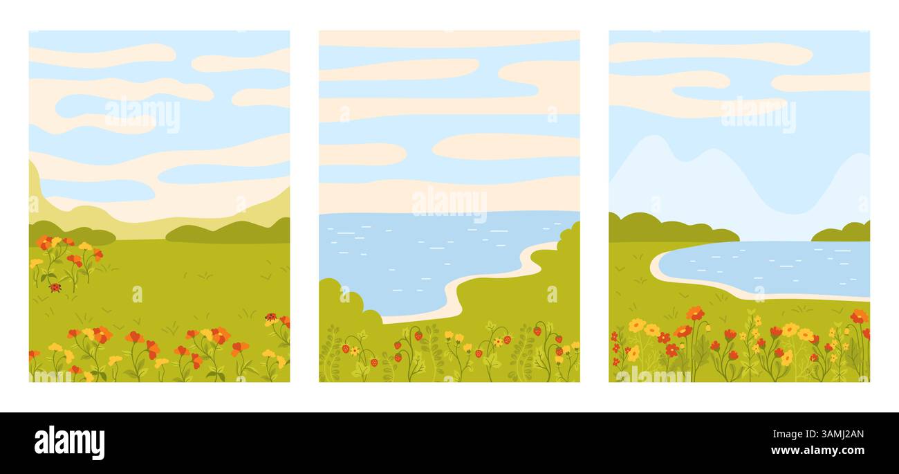 Summer landscape trendy cover flat design set. Design summertime ...