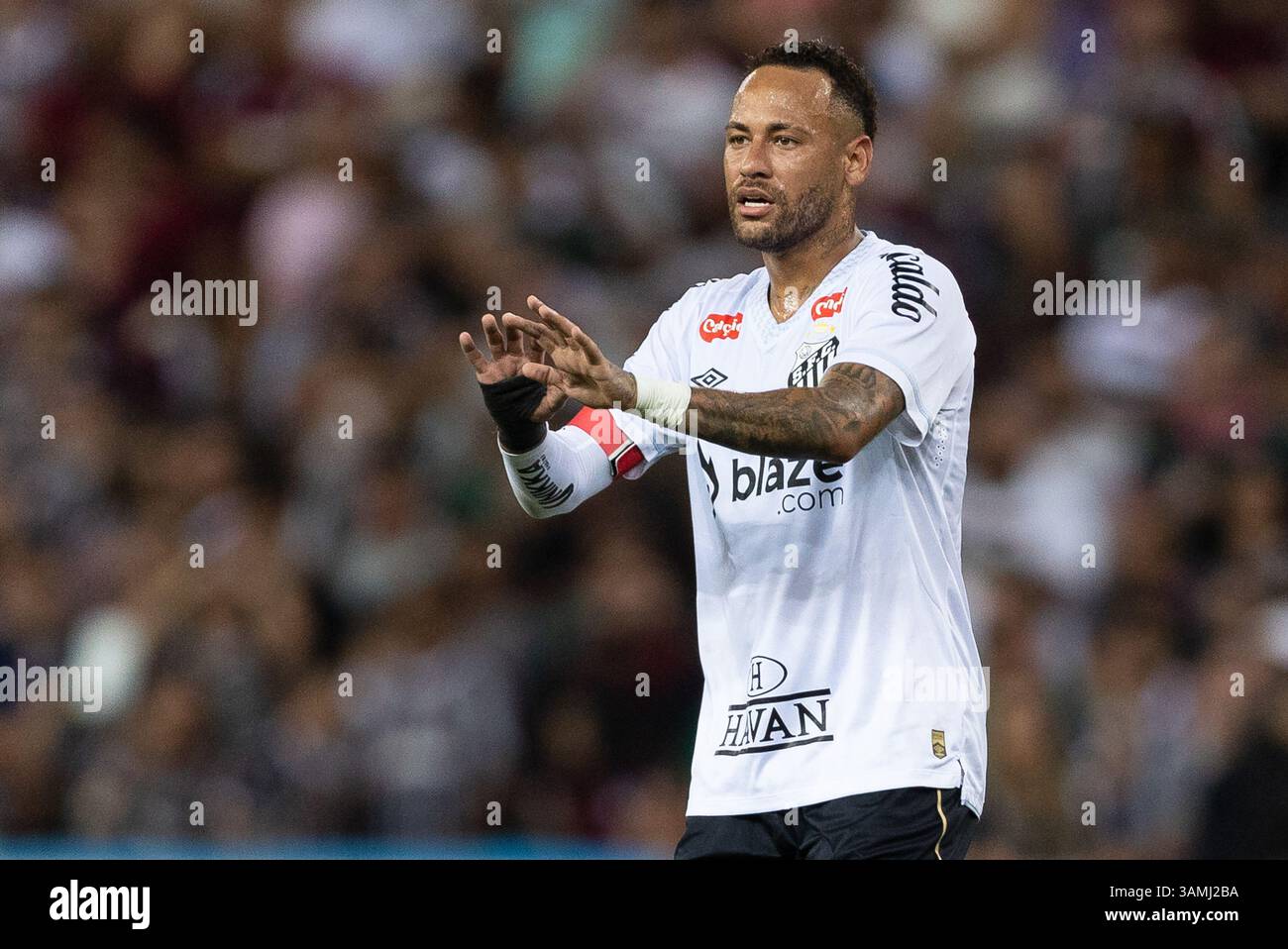 RIO DE JANEIRO, BRAZIL - APRIL 13: NEYMAR JR of Santos gestures during ...