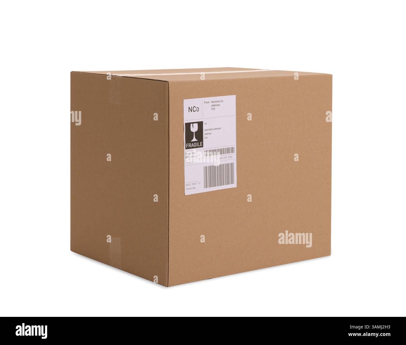 One parcel with shipment label isolated on white Stock Photo - Alamy