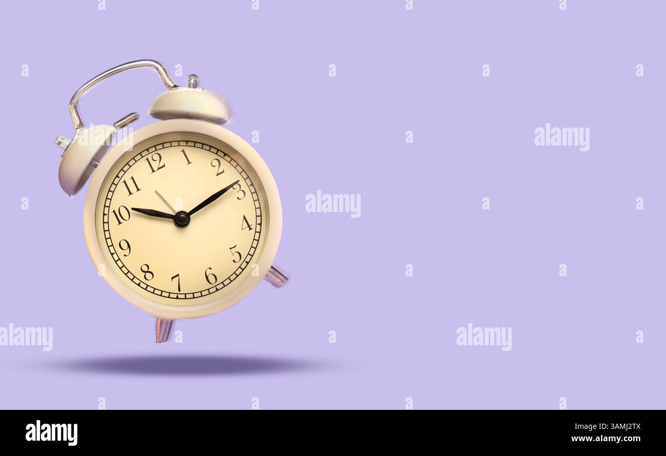 Alarm clock ringing and jumping on pastel violet background. Banner ...