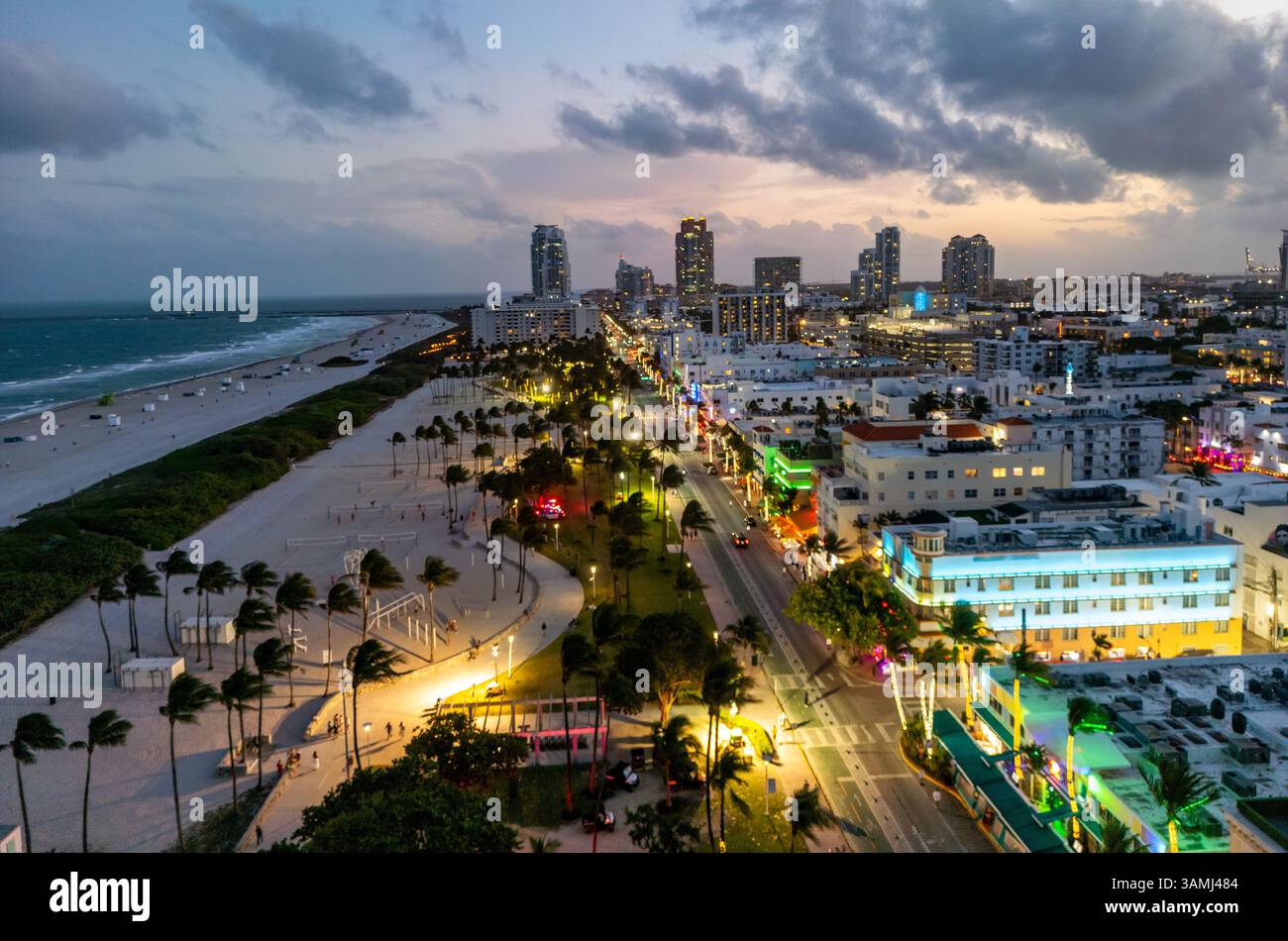 Miami Beach sunset aerial view. Downtown Miami skyline at dusk. South ...