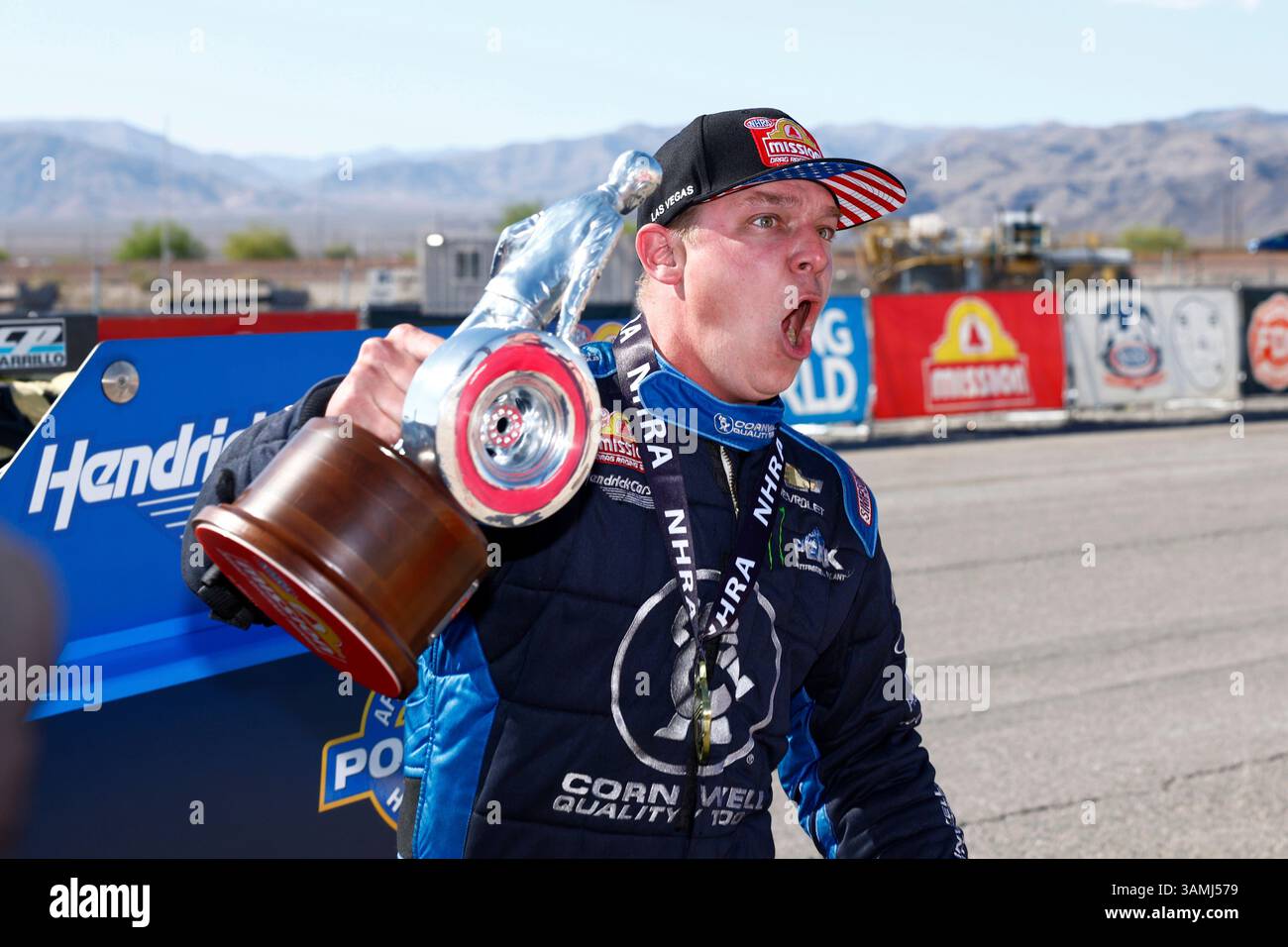 LAS VEGAS, NV - APRIL 13: Austin Prock (1 FC) NHRA Funny Car yells and ...