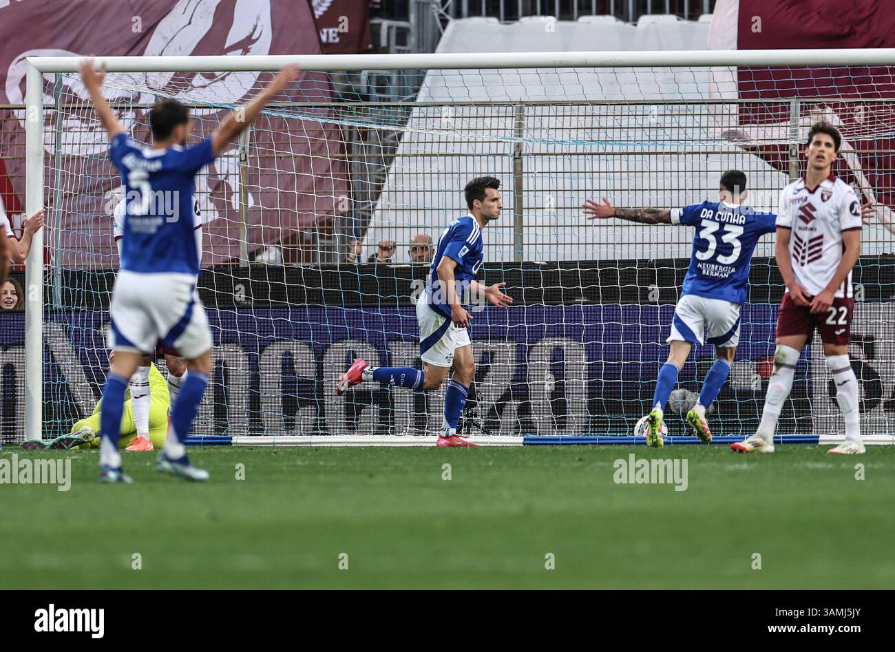 Como, Italy. 13th Apr, 2025. Como's Anastasios Douvikas (C) celebrates ...