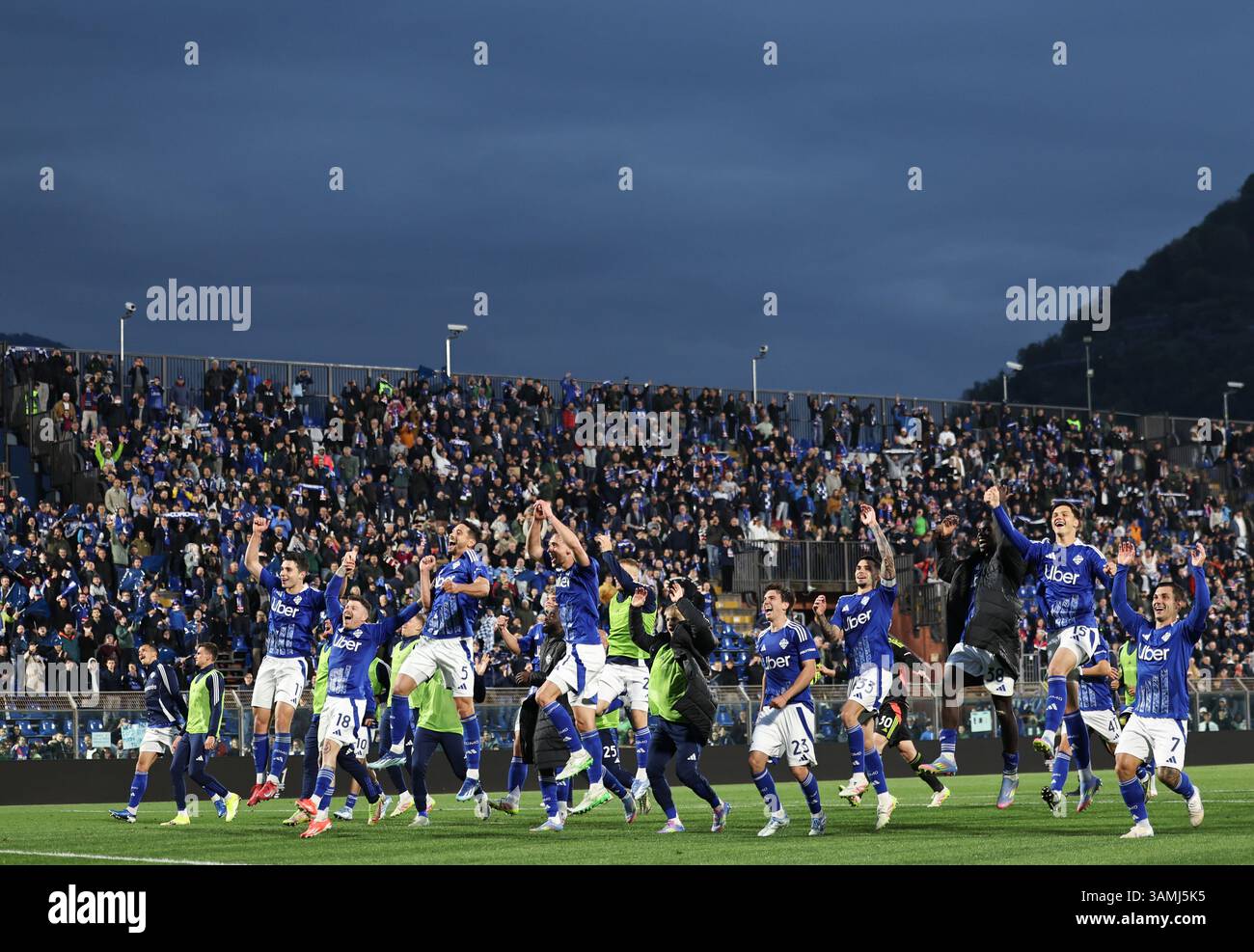 Como, Italy. 13th Apr, 2025. Players of Como gesture to audience after ...