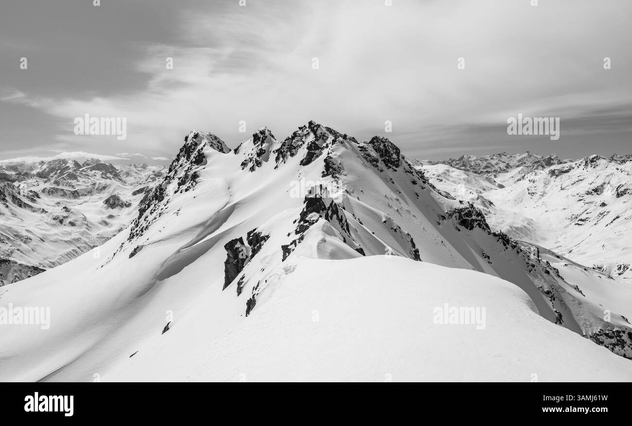 View of mountain panorama with mountain peaks of the Bernina group ...
