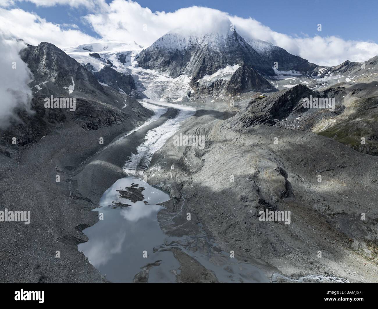 Aerial view, mountain landscape with glacier tongue Glacier de Cheilon ...