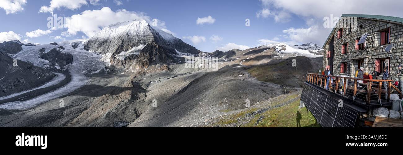 Mountain hut Labane des Dix with summit of Mont Blanc de Cheilon and ...