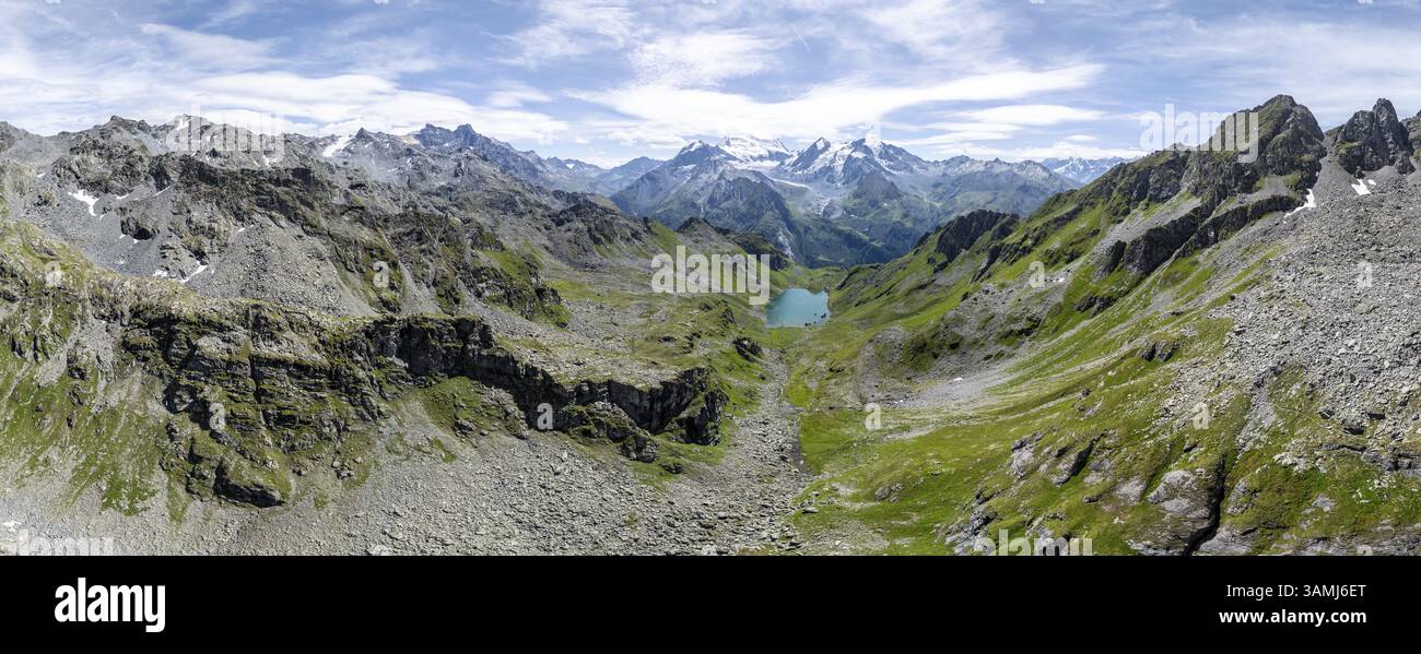 Alpine panorama, aerial view, mountain stream and mountain lake Lac de ...
