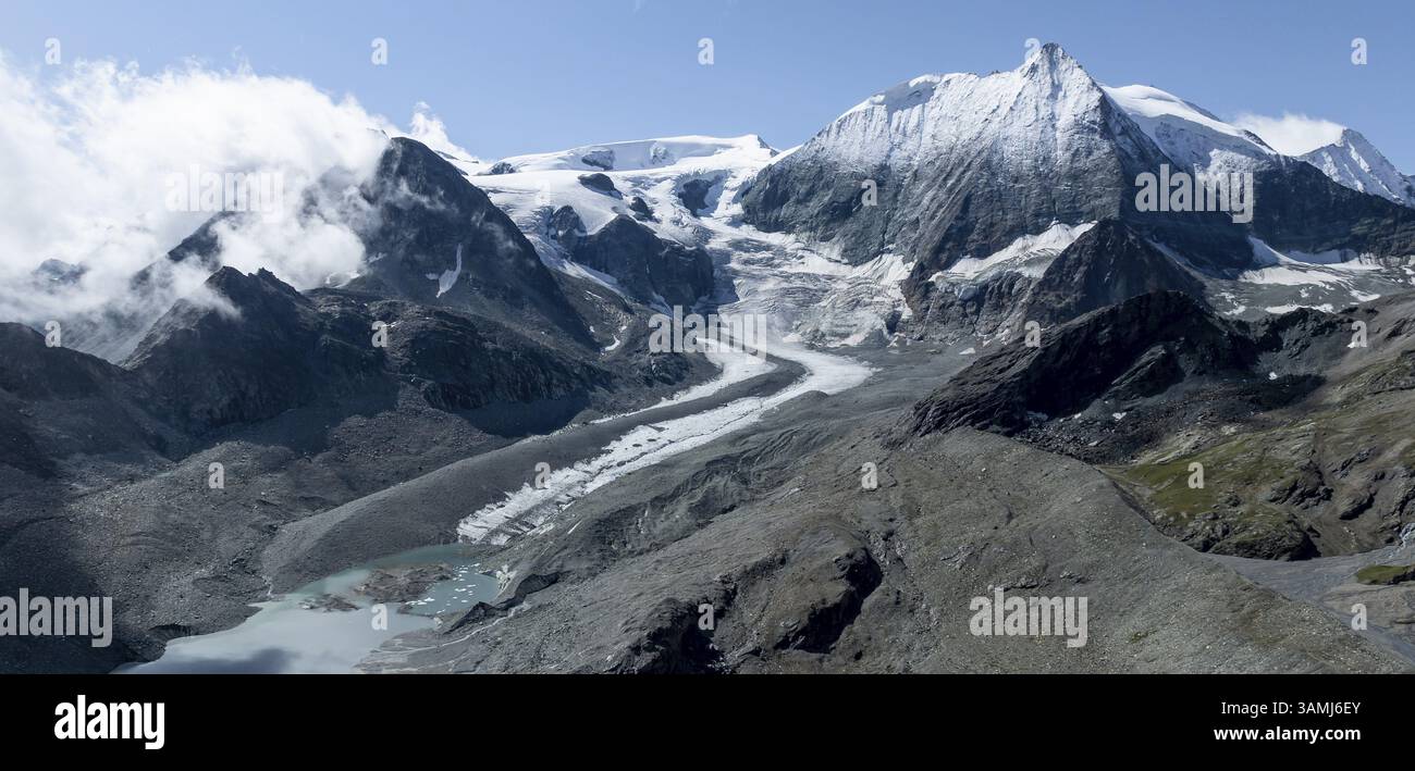 Aerial view, Alpine panorama, mountain landscape with glacier tongue ...