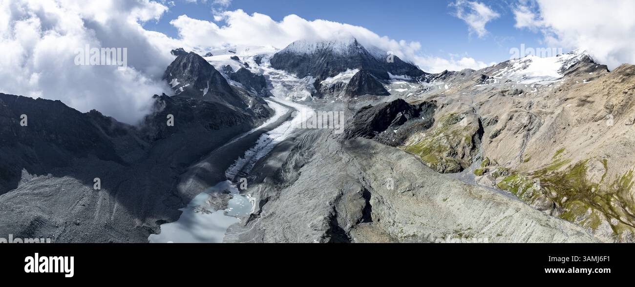 Aerial view, Alpine panorama, mountain landscape with glacier tongue ...