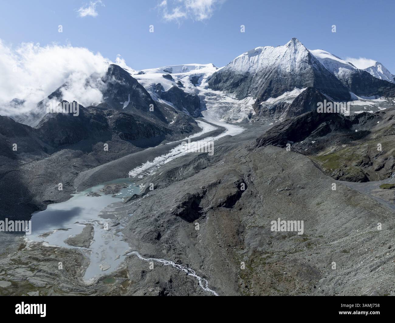 Aerial view, Alpine panorama, mountain landscape with glacier tongue ...