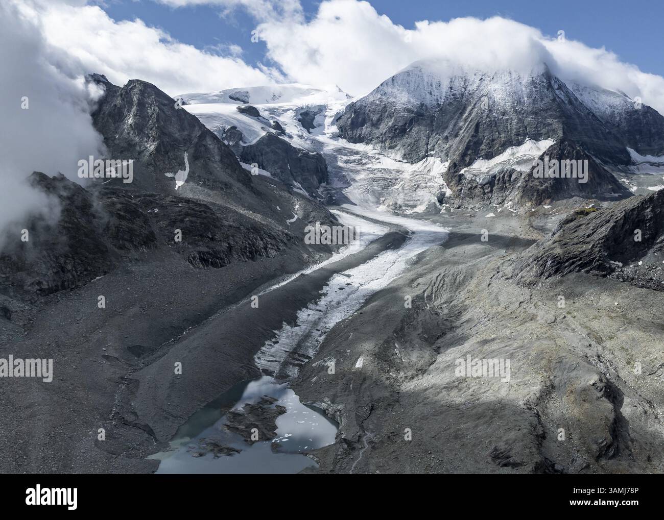 Aerial view, mountain landscape with glacier tongue Glacier de Cheilon ...