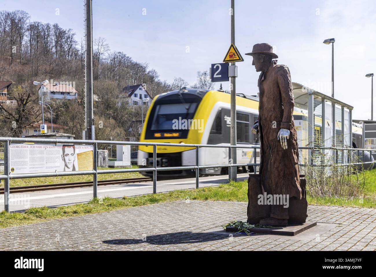 Georg Elser memorial at Koenigsbronn railway station. The statue by Friedrich Frankowitsch shows ...