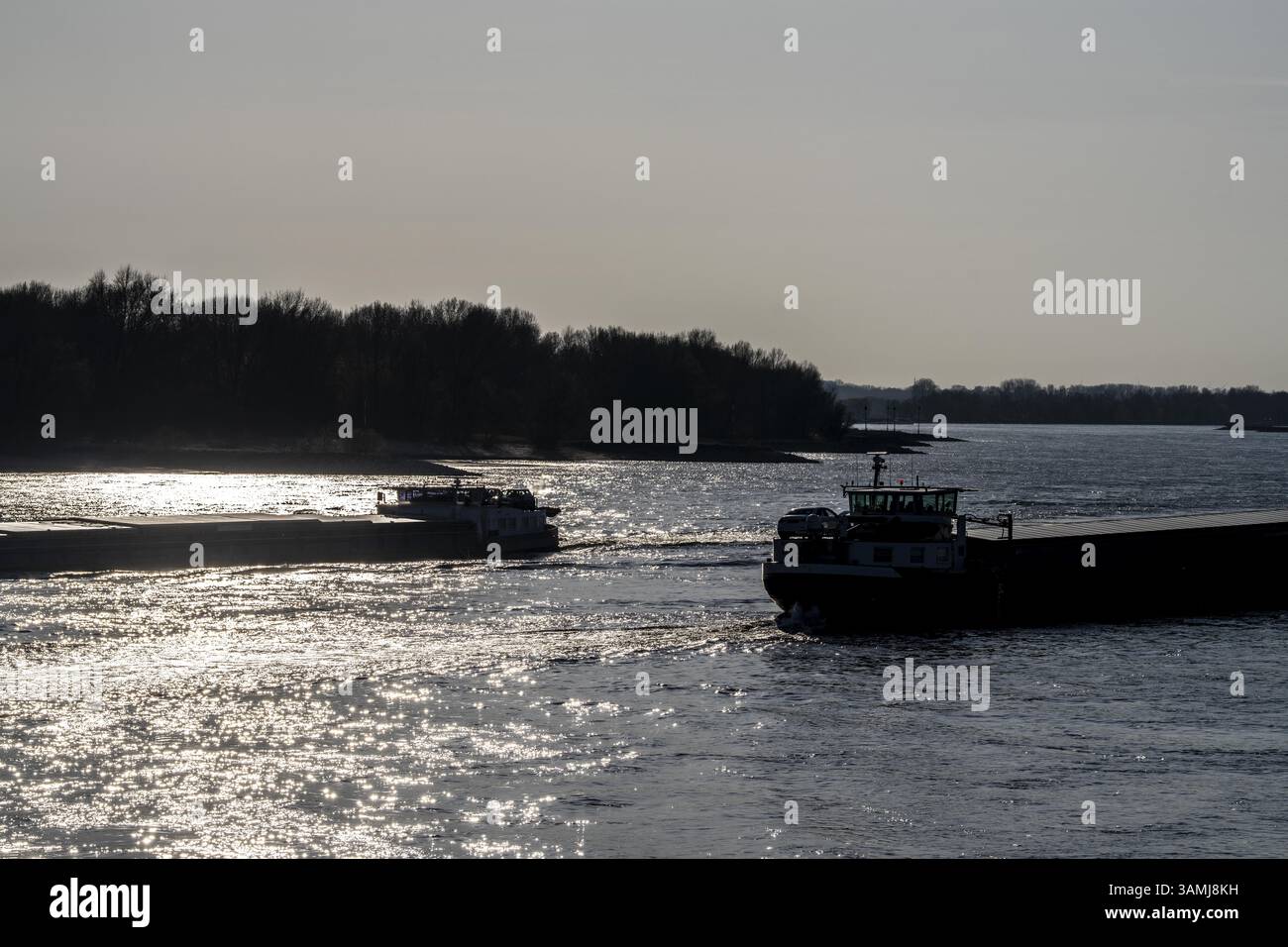 The Rhine at Wesel, cargo ships on the Rhine, North Rhine-Westphalia ...