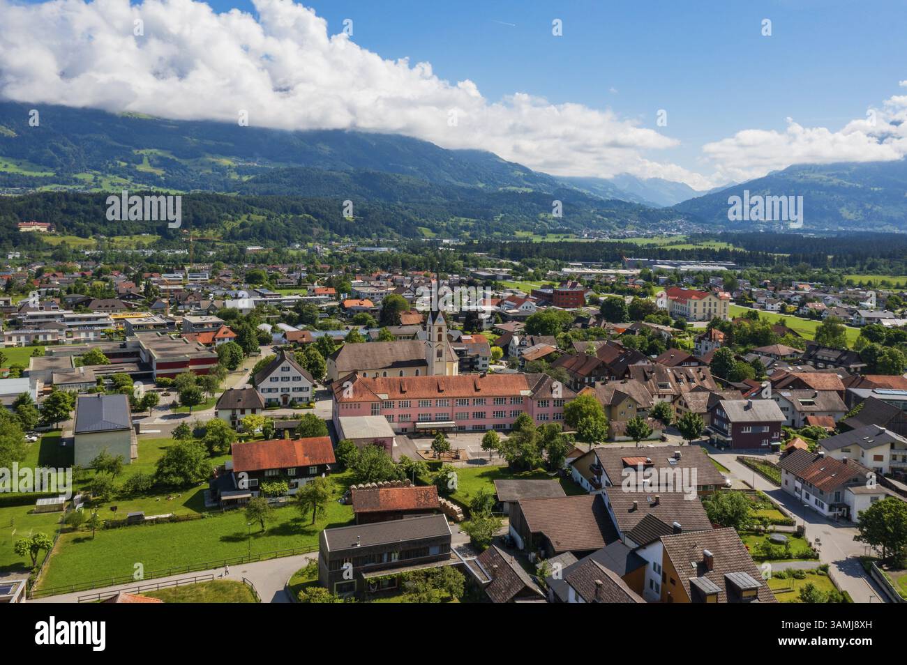 Drone image, view of town with parish church, Nenzing, Vorarlberg ...