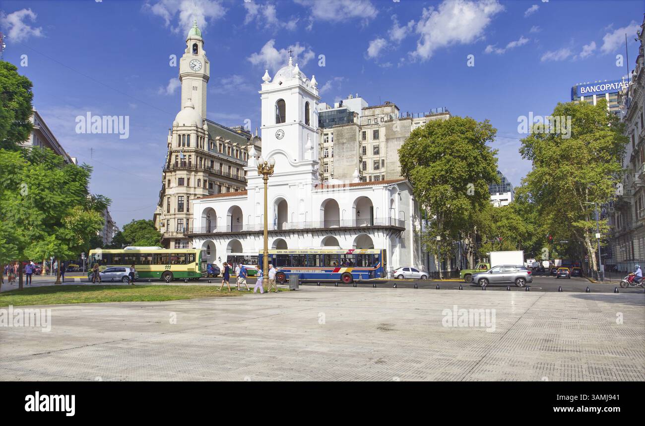 The Plaza de Mayo with white historic building and clock tower ...