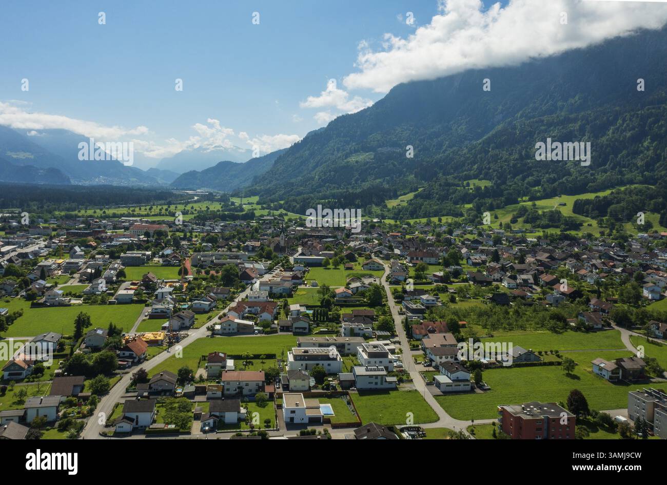 Drone image, view of town with parish church, Nenzing, Vorarlberg ...
