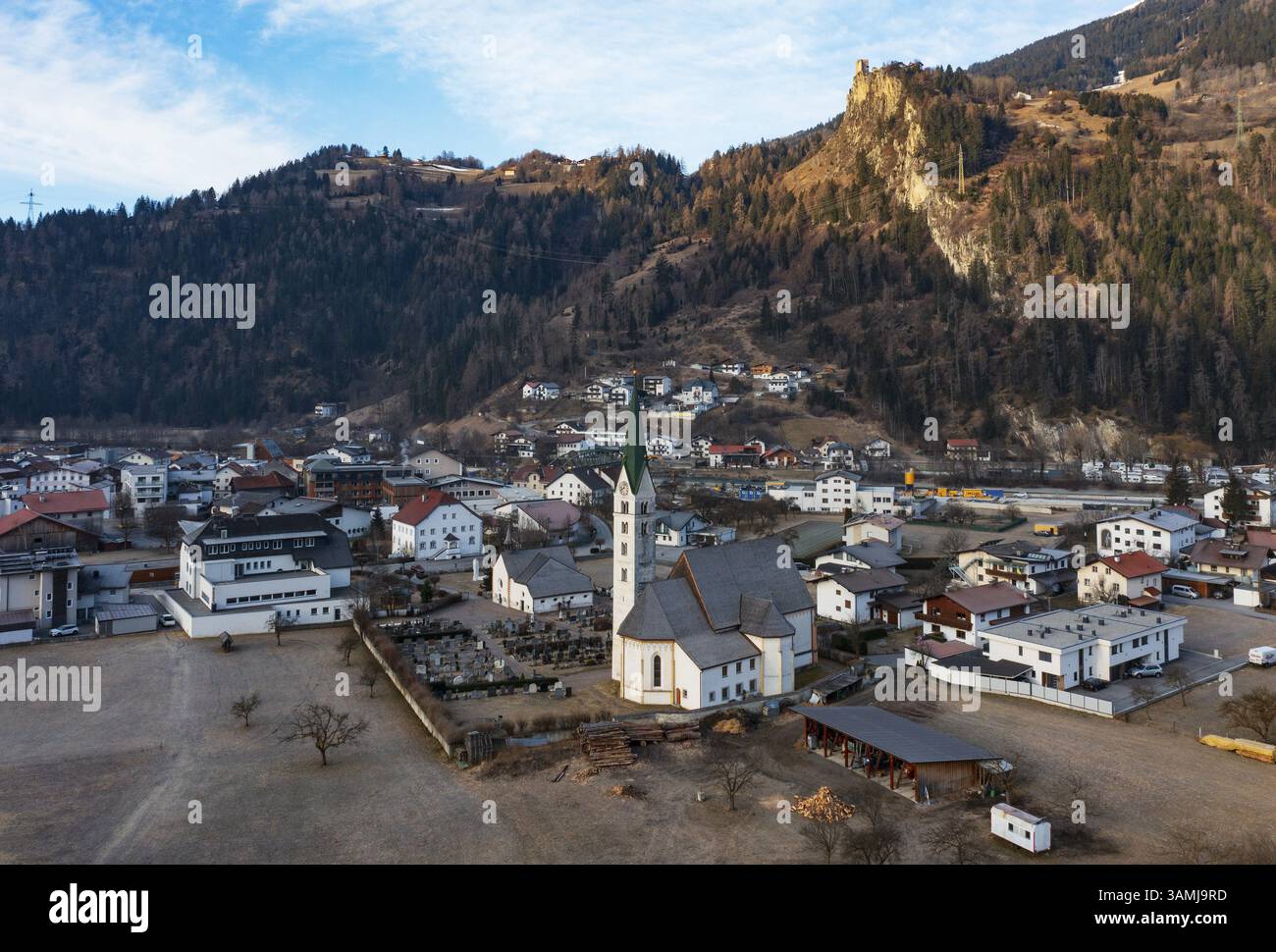 Drone shot, view of village with parish church, Prutz, Kaunertal ...