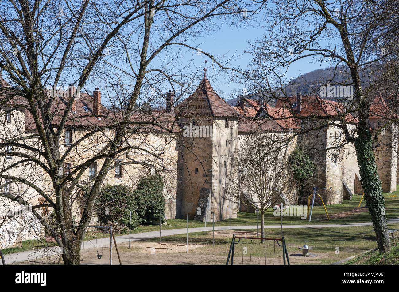 Medieval defence wall, 15th century, with moat, Weissenburg, Middle ...