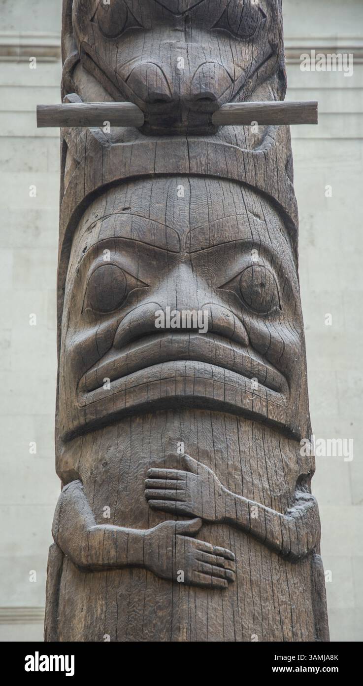 Wooden figure, detail of totem pole from 1850 in British Columbia ...