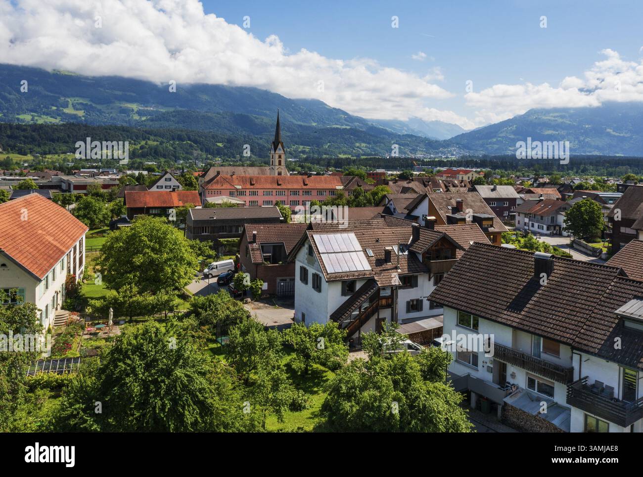 Drone image, view of town with parish church, Nenzing, Vorarlberg ...