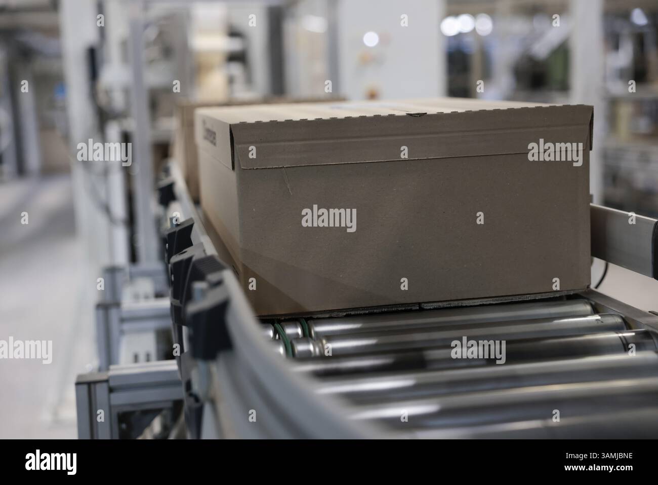 Cartons, parcels for goods dispatch on a conveyor belt, conveyor belt ...