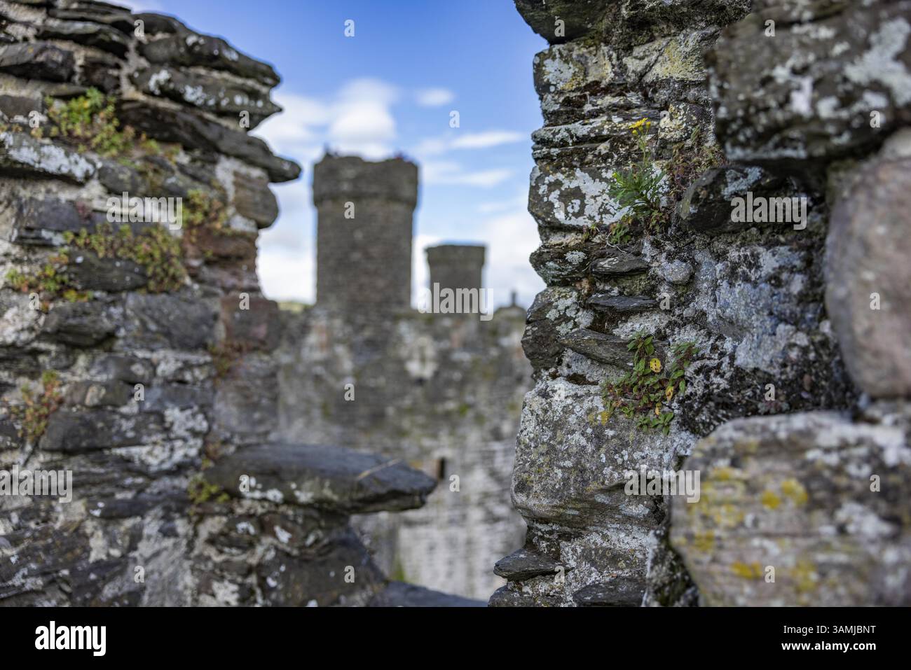 Conwy Castle, view through a weathered opening in the castle wall to ...