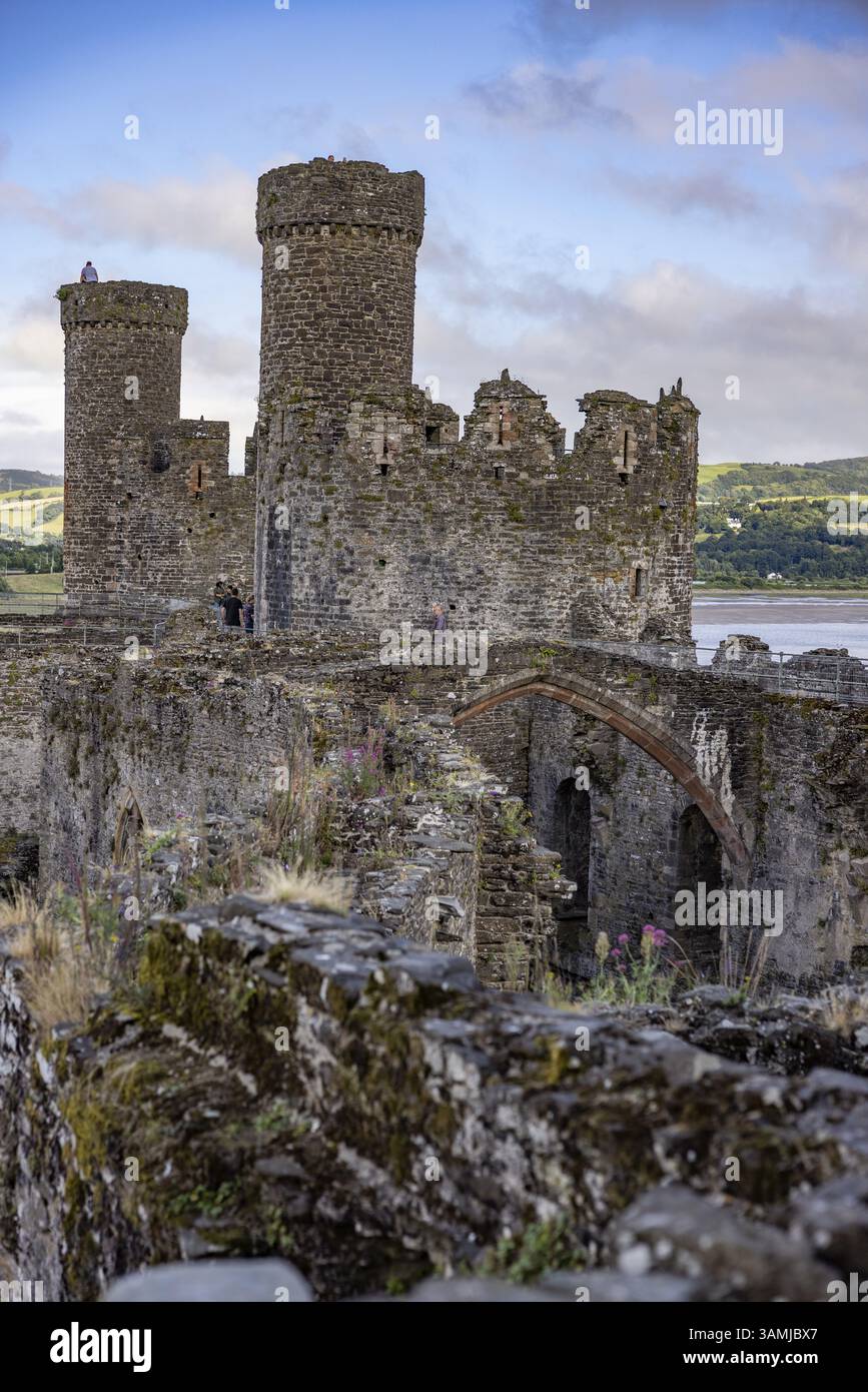 Old castle with towers and stone walls, situated by a river in natural ...