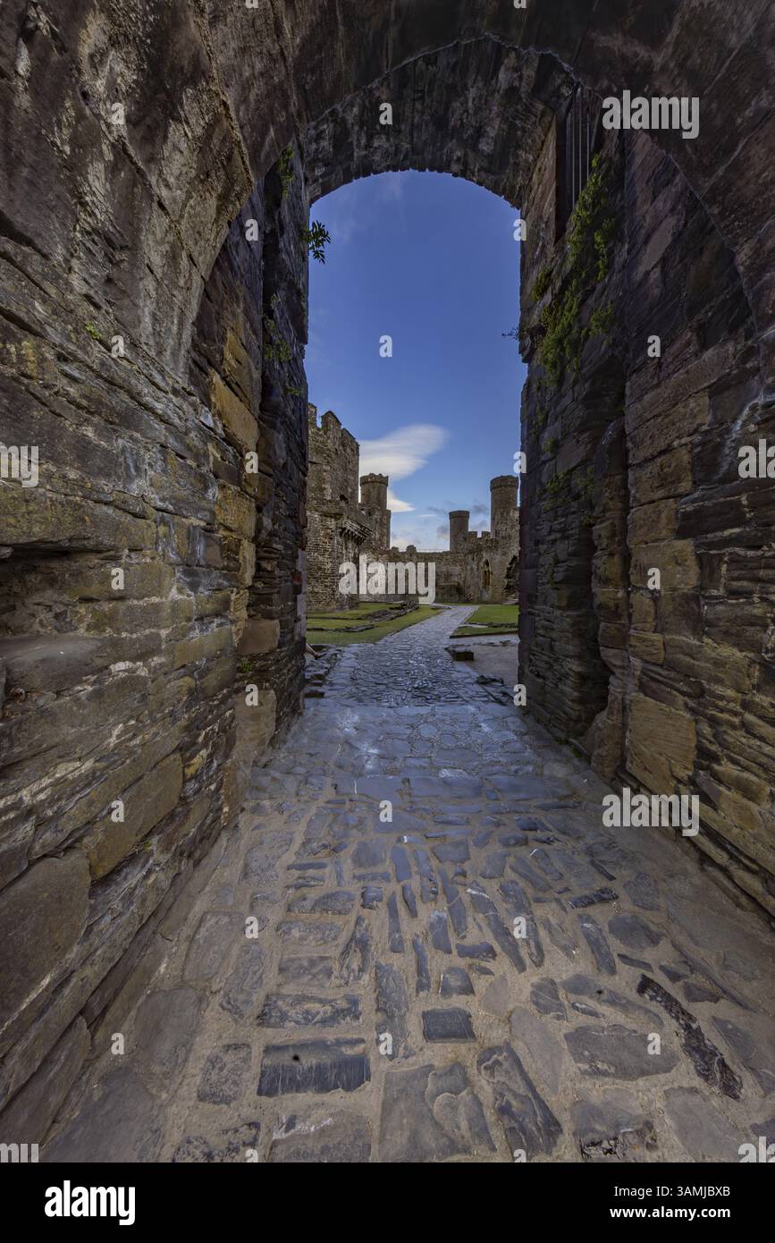 Conwy Castle, view through the arch of the entrance gate into the inner ...