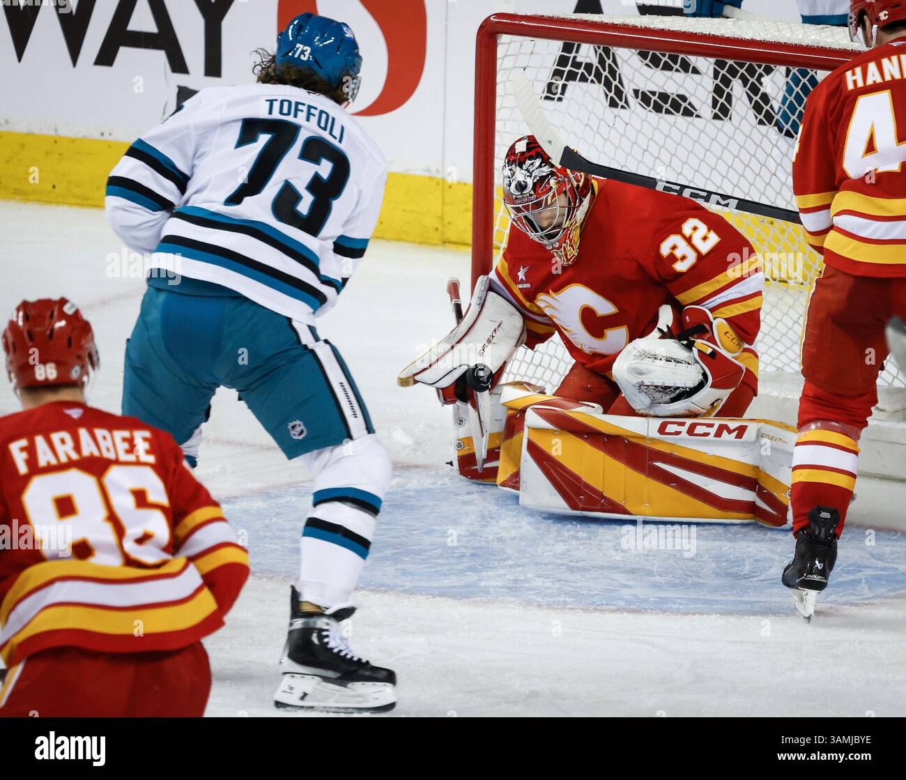 San Jose Sharks' Tyler Toffoli (73) looks on as Calgary Flames goalie ...